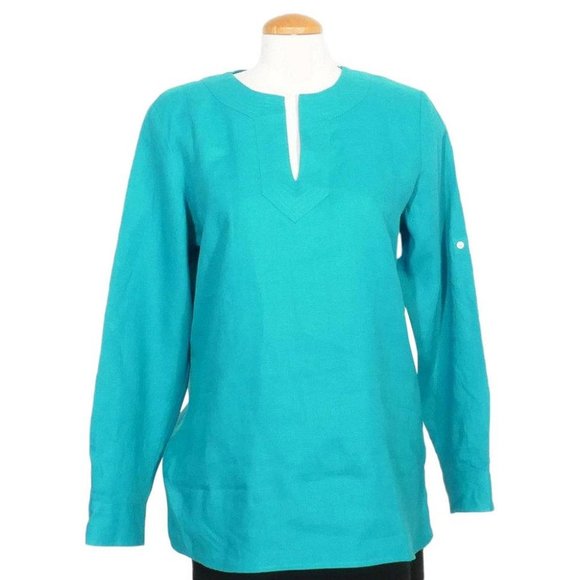 Lauren Ralph Lauren | Tops | Turquoise Linen Roll Tab Sleeve Tunic Top ...